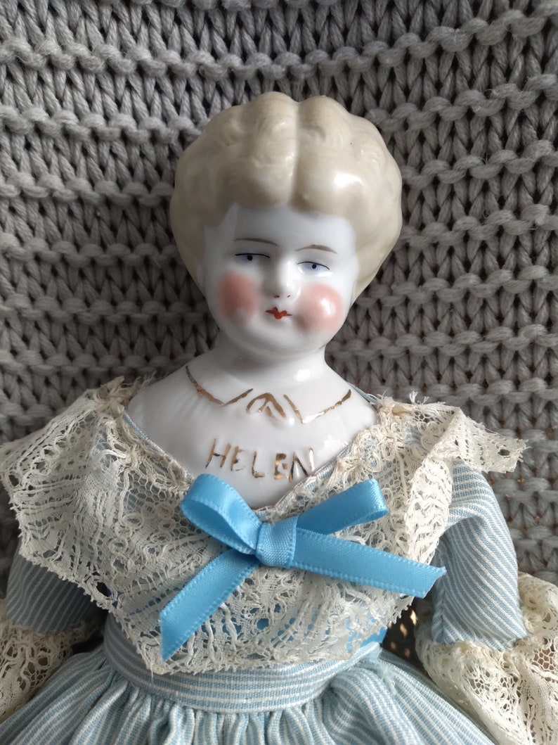 Antique Victorian Blonde Lowbrow China Head Doll in Blue - Etsy