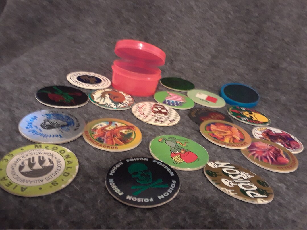 Set of 16 Assorted Pogs, Red Holder and Holographic Slammer From the ...