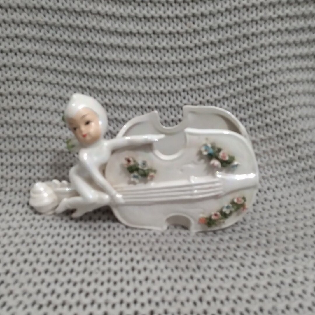 Mid-century Ceramic Iridescent Pixie and Violin Plant Holder by Lefton ...