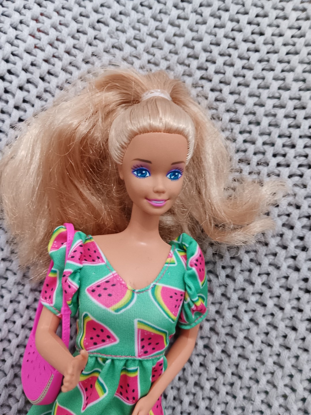 Pretty Blonde 1990's Barbie Wearing a Modern Watermelon Sundress and ...