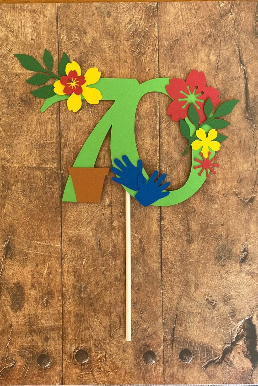 70 Cake Topper With Flowers, Plant Pot and Gardening Gloves, Botanical ...