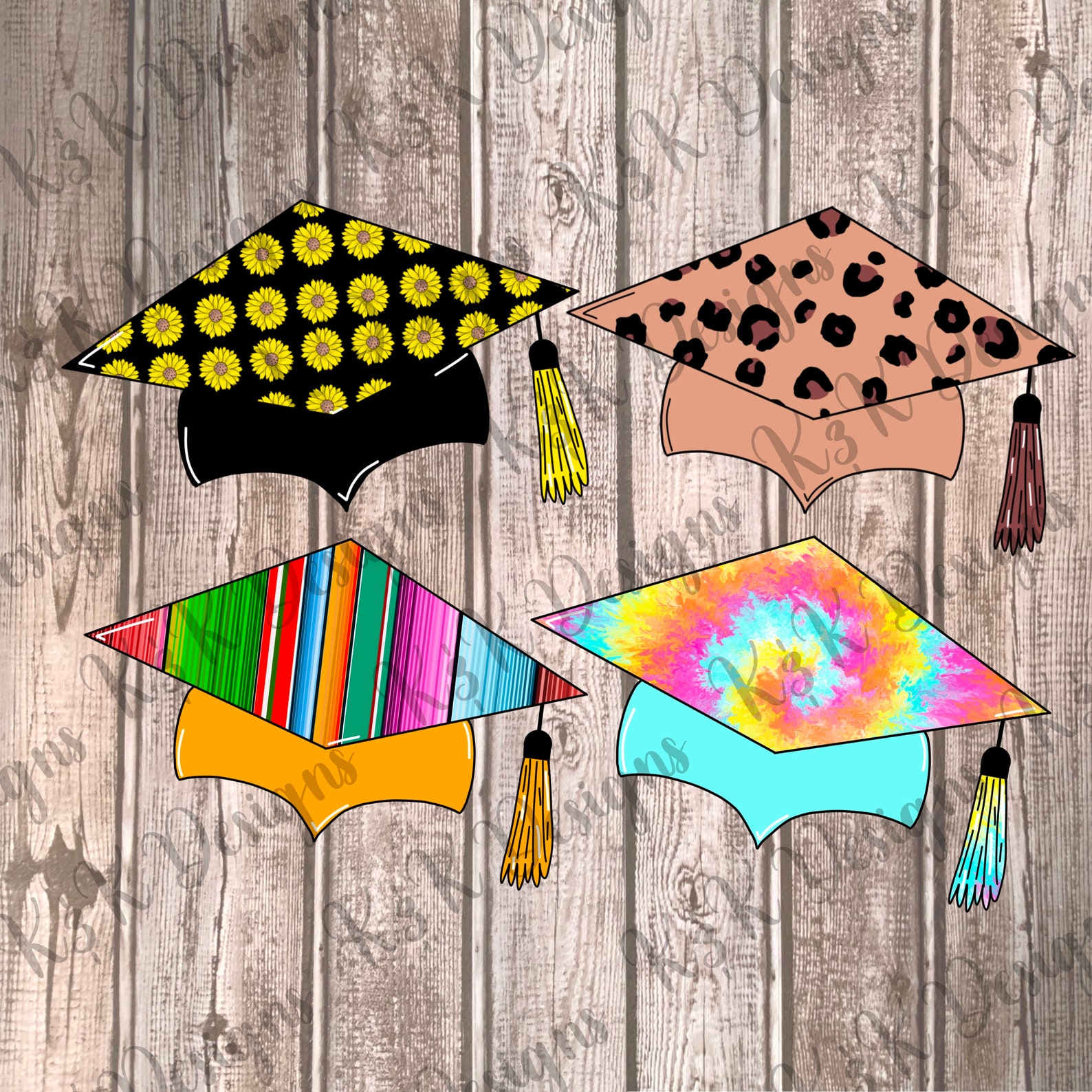 4 Cute Graduation Caps PNG, Sunflower Cap PNG, Cheetah Cap PNG, Serape ...