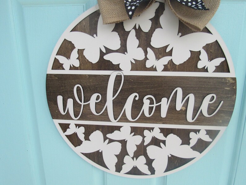 Butterfly Welcome Front Door Decor | Year Round Outdoor Wreath | Wooden ...