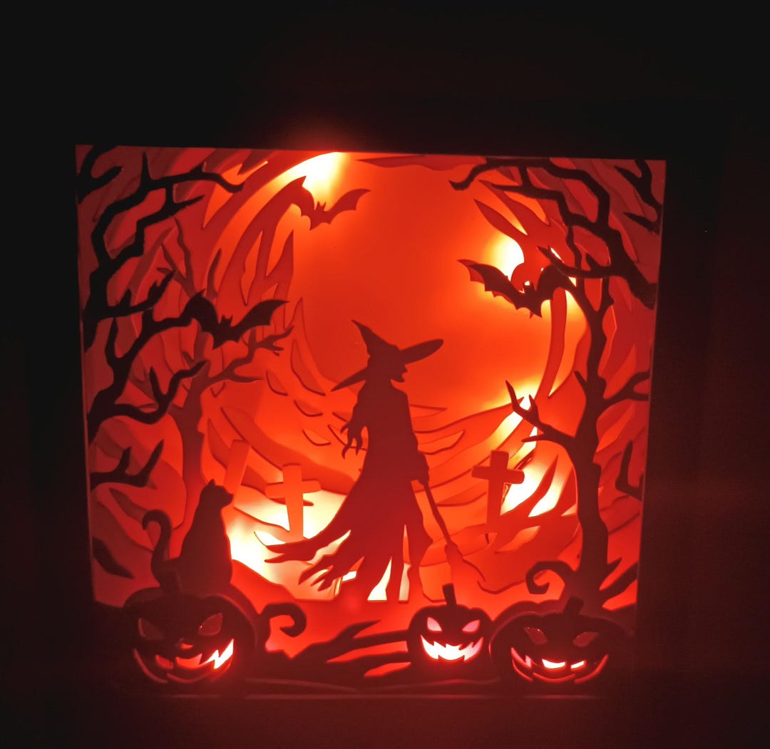Wooden Light-up Halloween Shadow Box | Laser Cut Witch Night Light ...