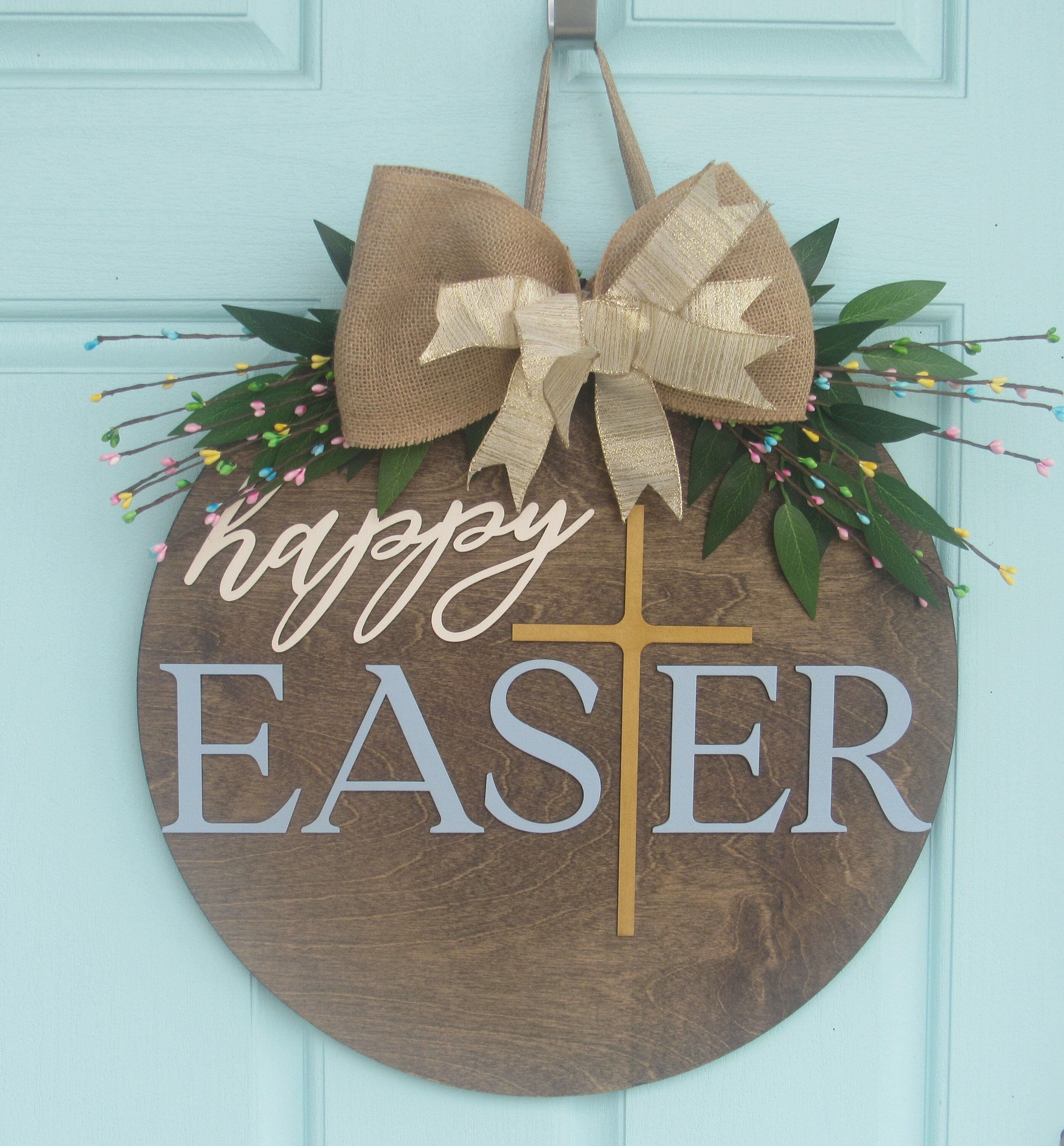 Happy Easter Wood Door Hanger, Spring Wreath With Burlap Bow - Etsy