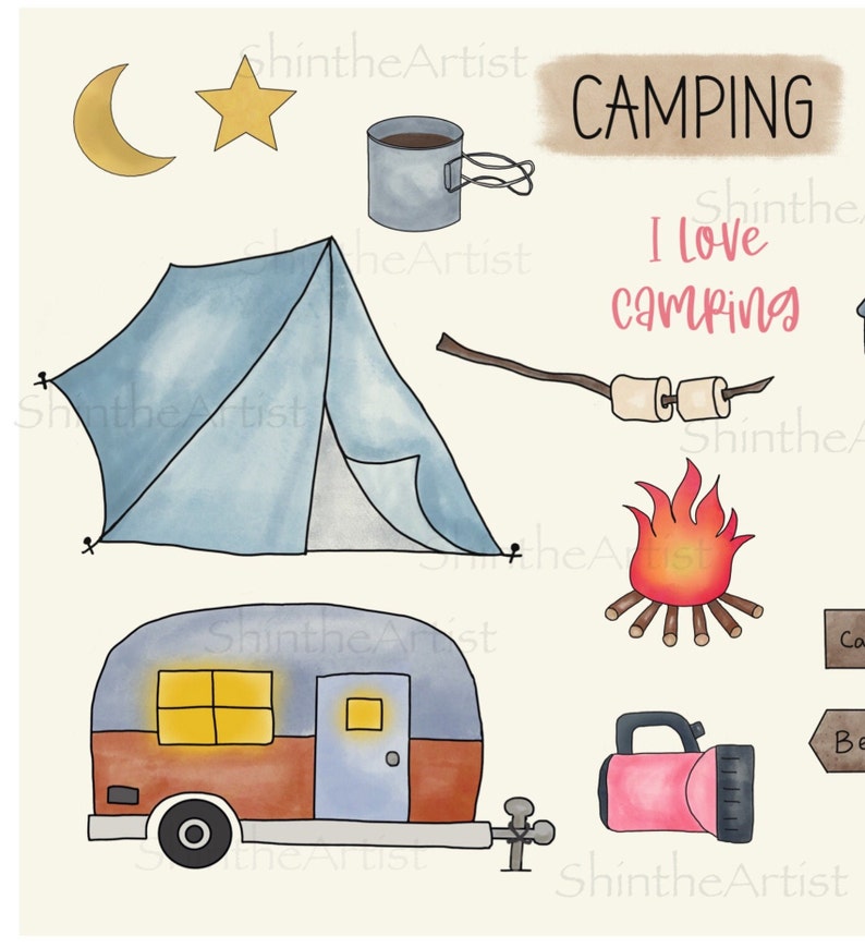 Camping Digital Stickers - Hand Drawn, Pre-cropped Pngs, Goodnotes File ...