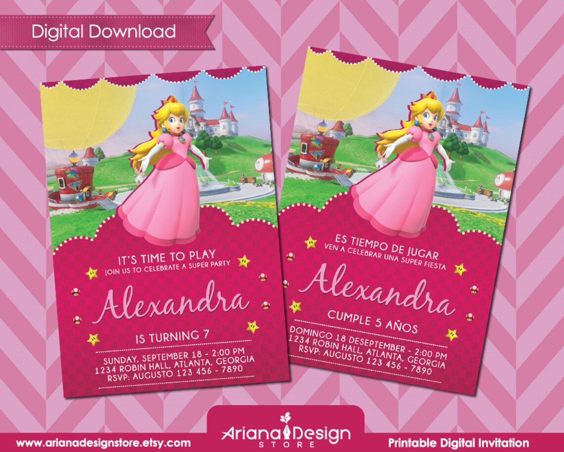 Princess Peach Invitation Princess Peach Birthday Invitation | Etsy