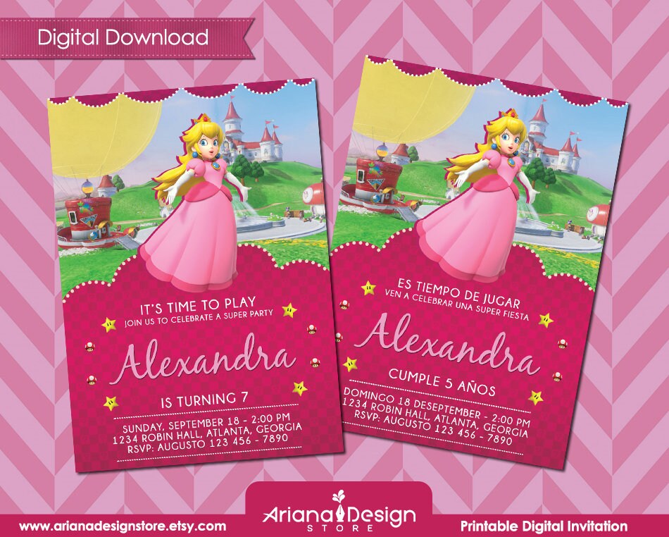 Princess Peach Invitation Princess Peach Birthday Invitation | Etsy