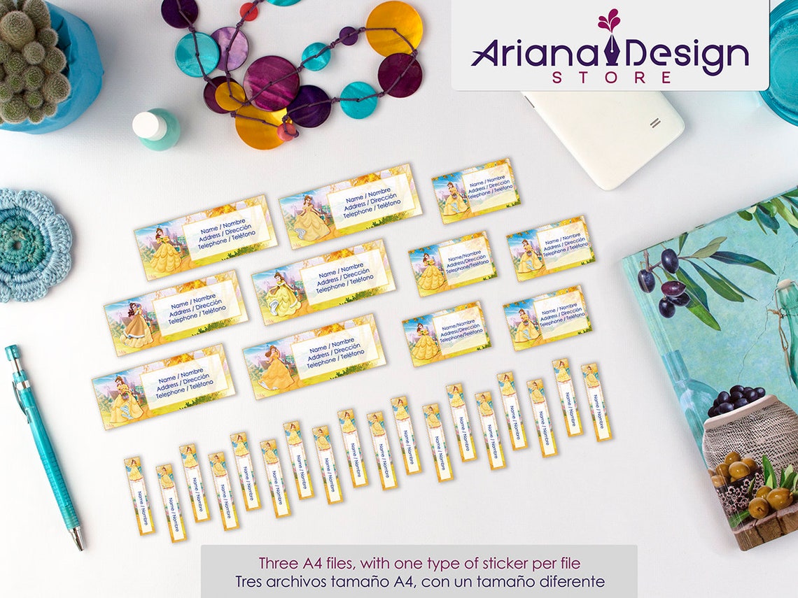 Princess Belle Name Tags Beauty & the Beast School Stickers | Etsy