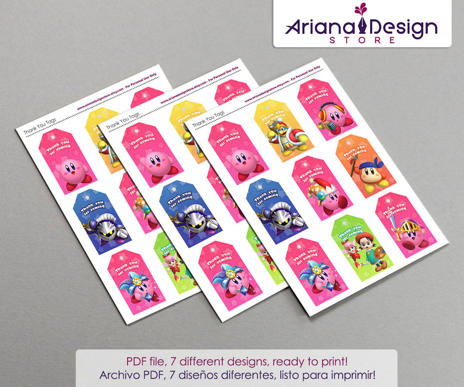 Kirby Party Printable Thank You Tags Kirby Party Cards | Etsy