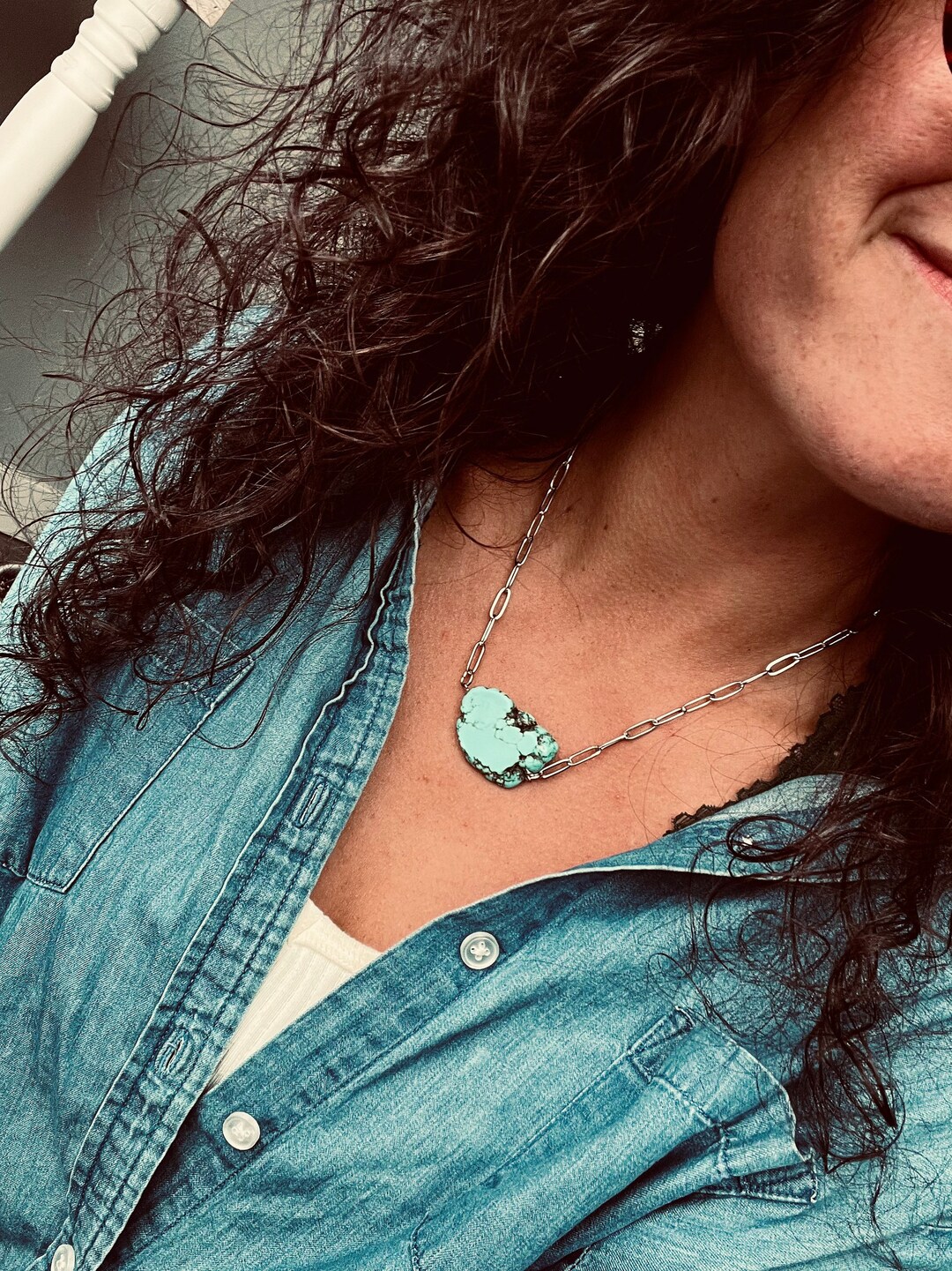 Turquoise Slab Necklace | Hypoallergenic Stainless Steel | Paperclip ...