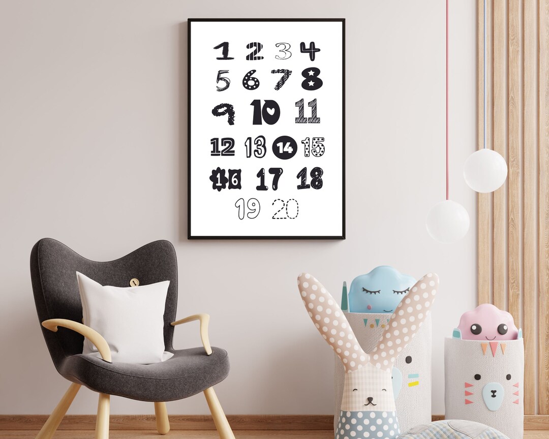 Numbers 1-20 Black & White | Kids Room Decor | Educational Posters ...