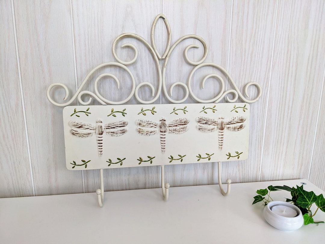 Rustic Beige and Green 3 Metal Wall Hooks Shabby Off-white Dragonflies ...