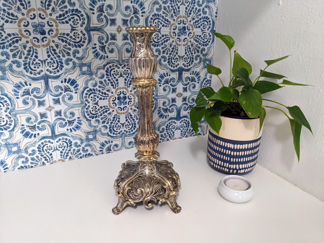 Shabby 11" Tall Ornate Silver Heavy Metal Taper Candlestick Footed ...