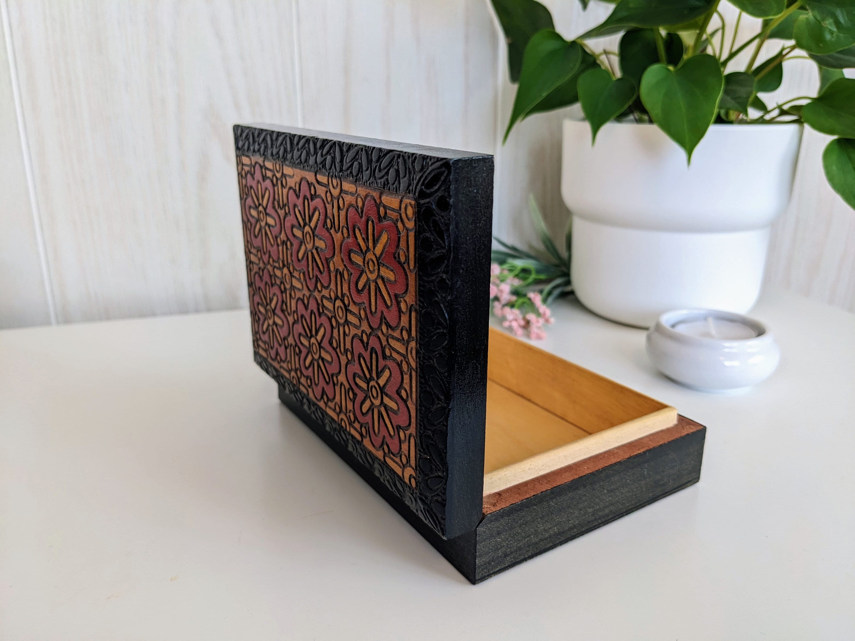 Small Carved Wood Box With Hinged Lid Flower Motif Hand Carved Wooden ...