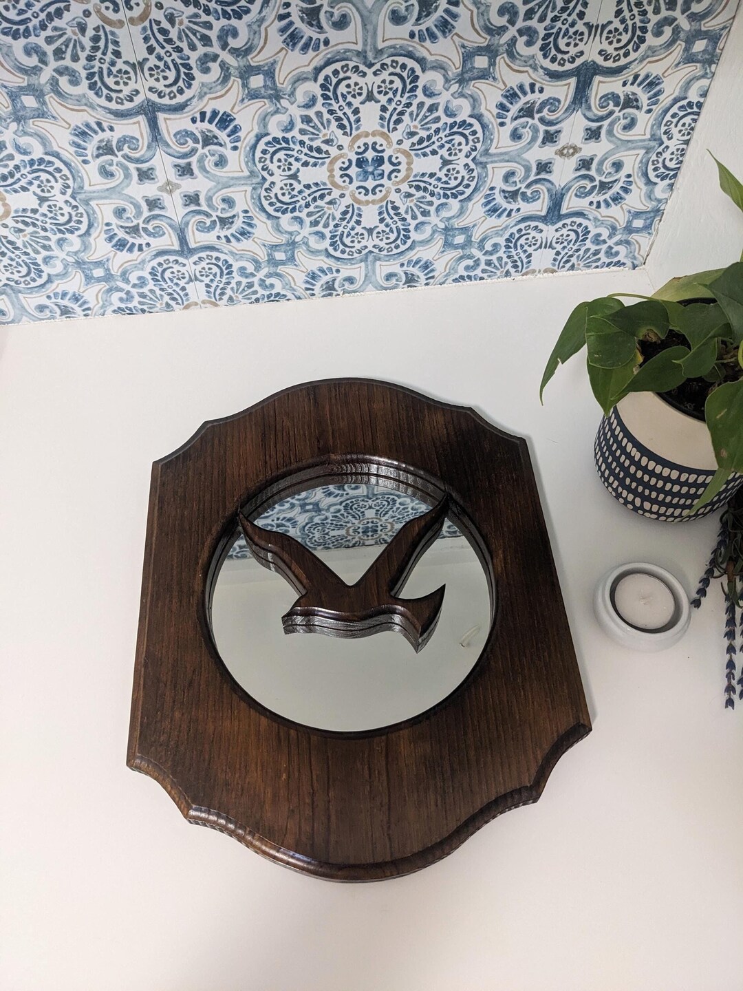 Vintage 14" Tall Wood Framed Wall Mirror With Carved Bird Wood Overlay ...