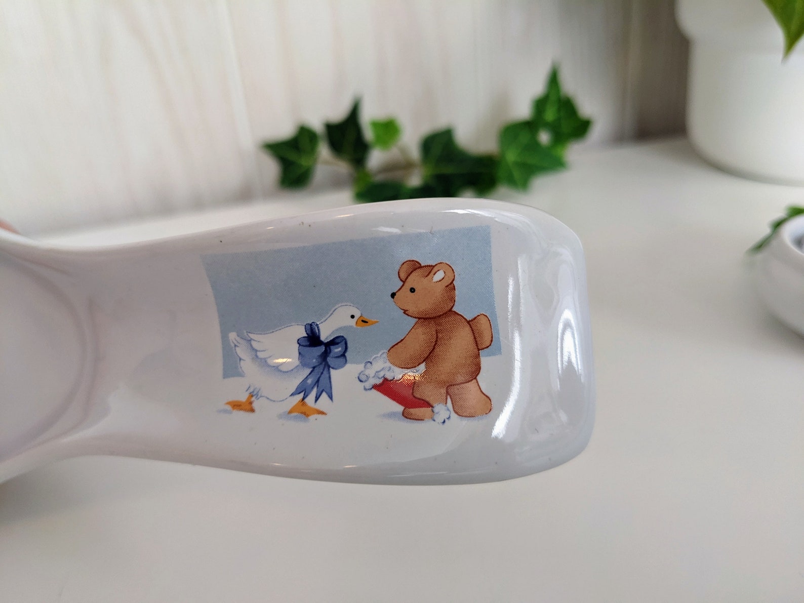 Vintage 8" Teddy Bear and Goose White Ceramic Spoon Rest Adorable ...