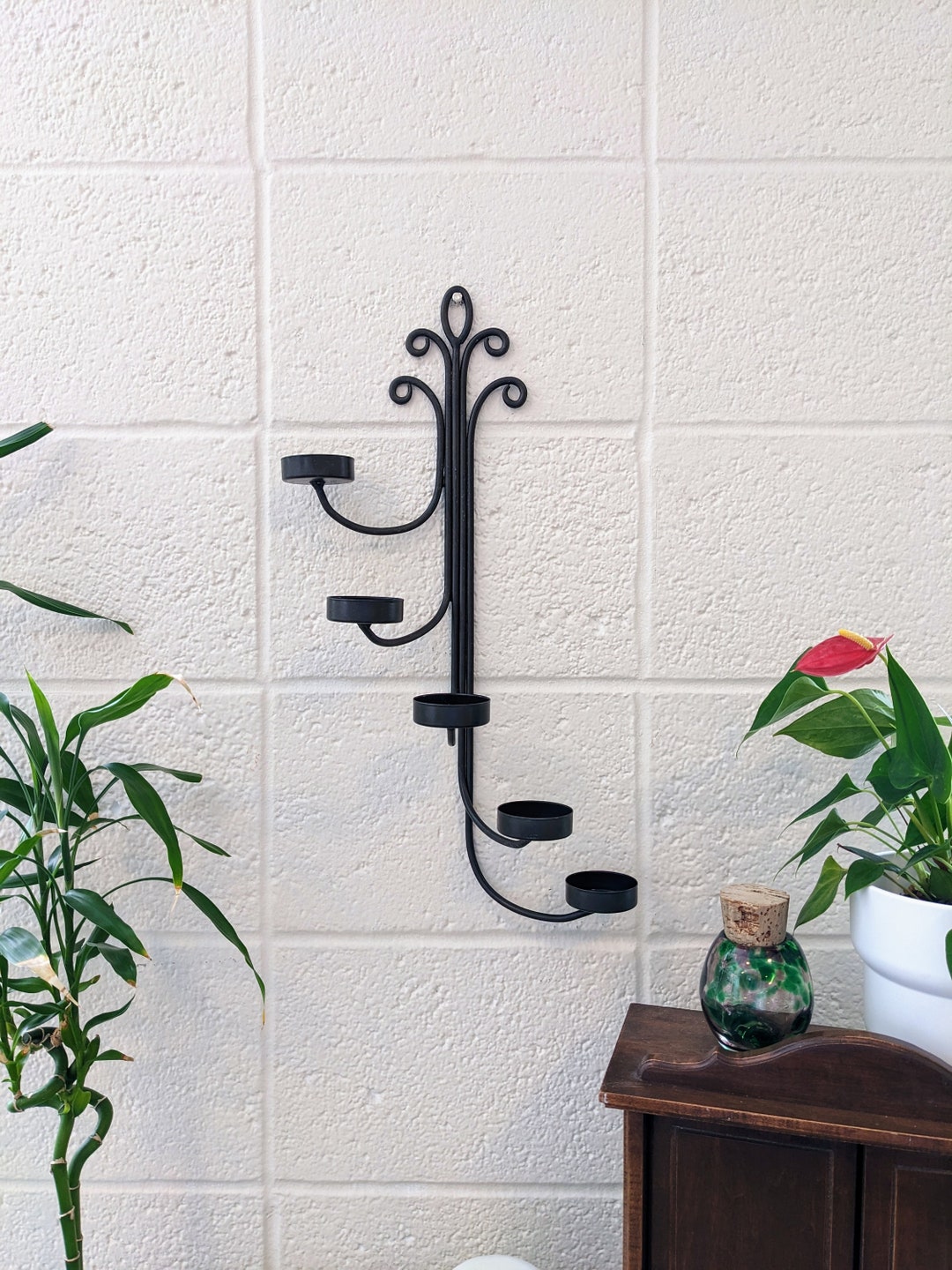 Large 5 Tealight Spiral Wall Candelabra Rustic Black Wrought Iron ...