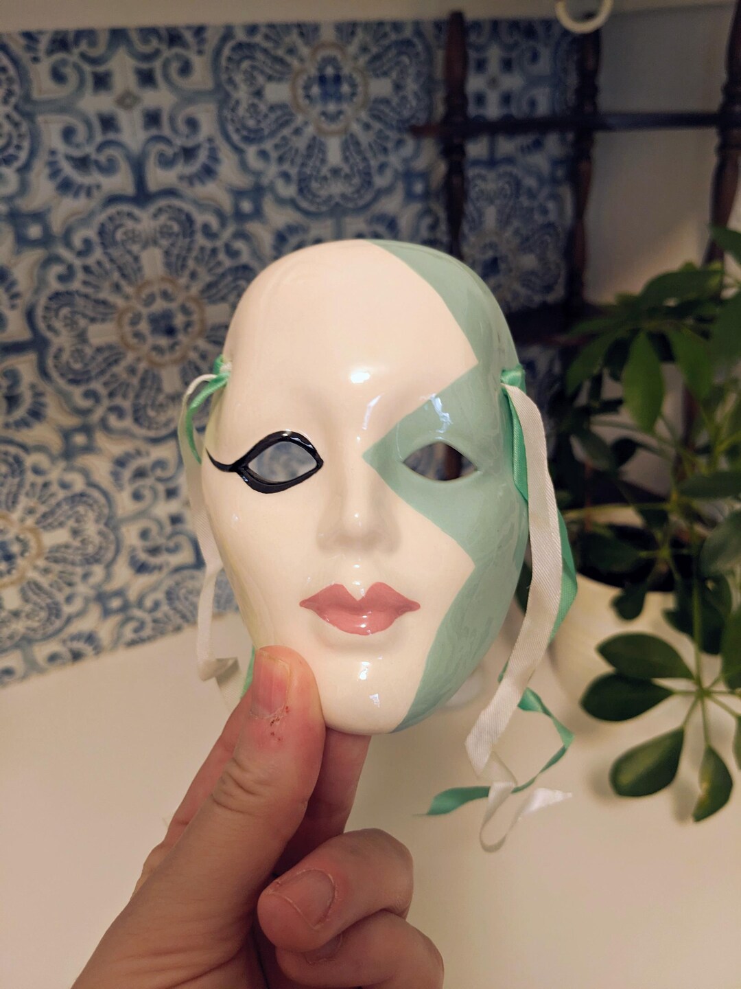 Small Vintage 4.25" Ceramic Mask Theater Face Teal Geometric With Pink ...