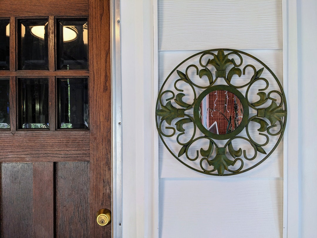Green 16" Round Ornate Wall Mirror With Decorative Metal Frame Fleur De ...
