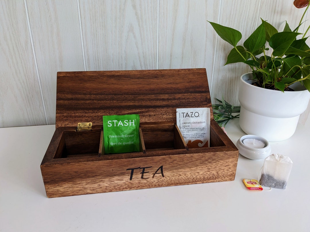 Heavy Wood Tea Box With Hinged Lid 4 Teabag Compartments Wooden Kitchen ...