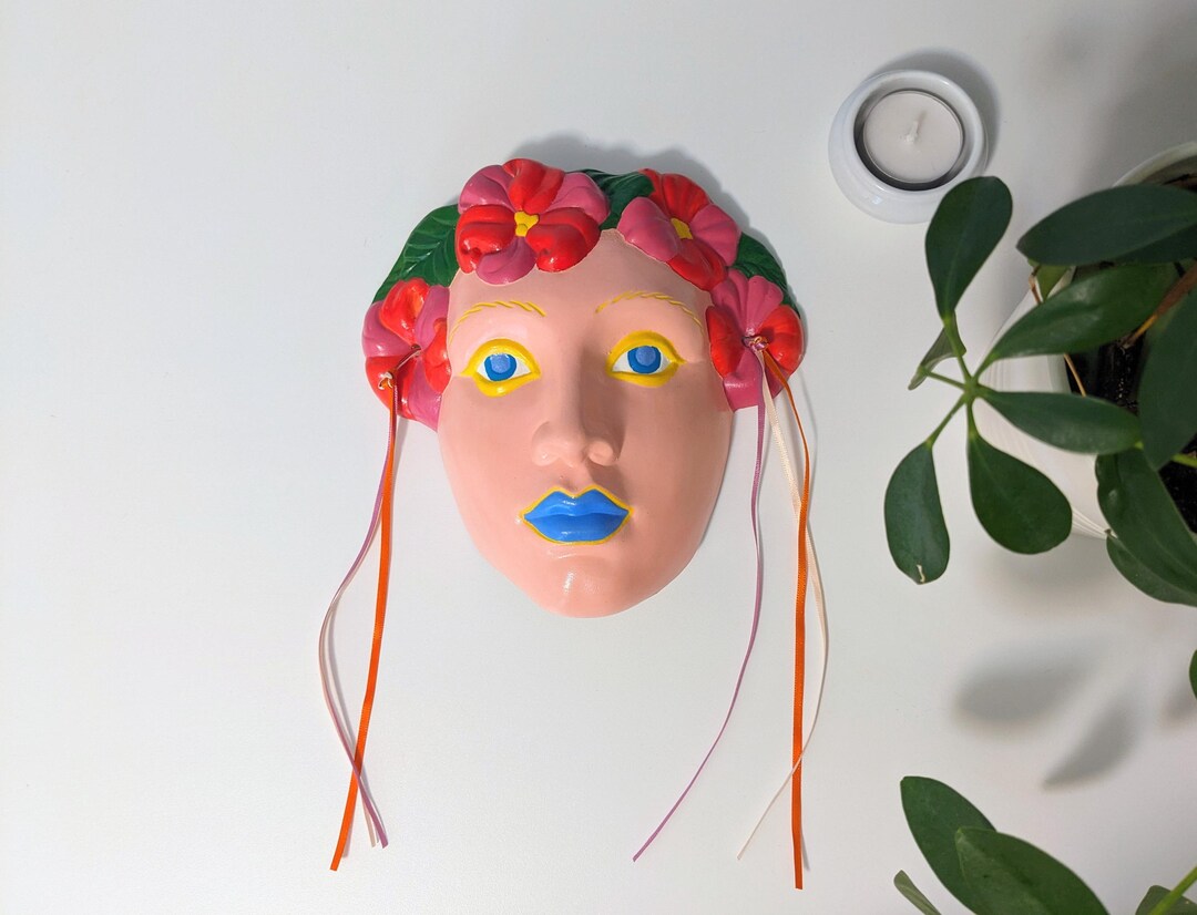 Vintage 7" Tall Ceramic Mask Theater Face Painted Pastel Flower Design ...