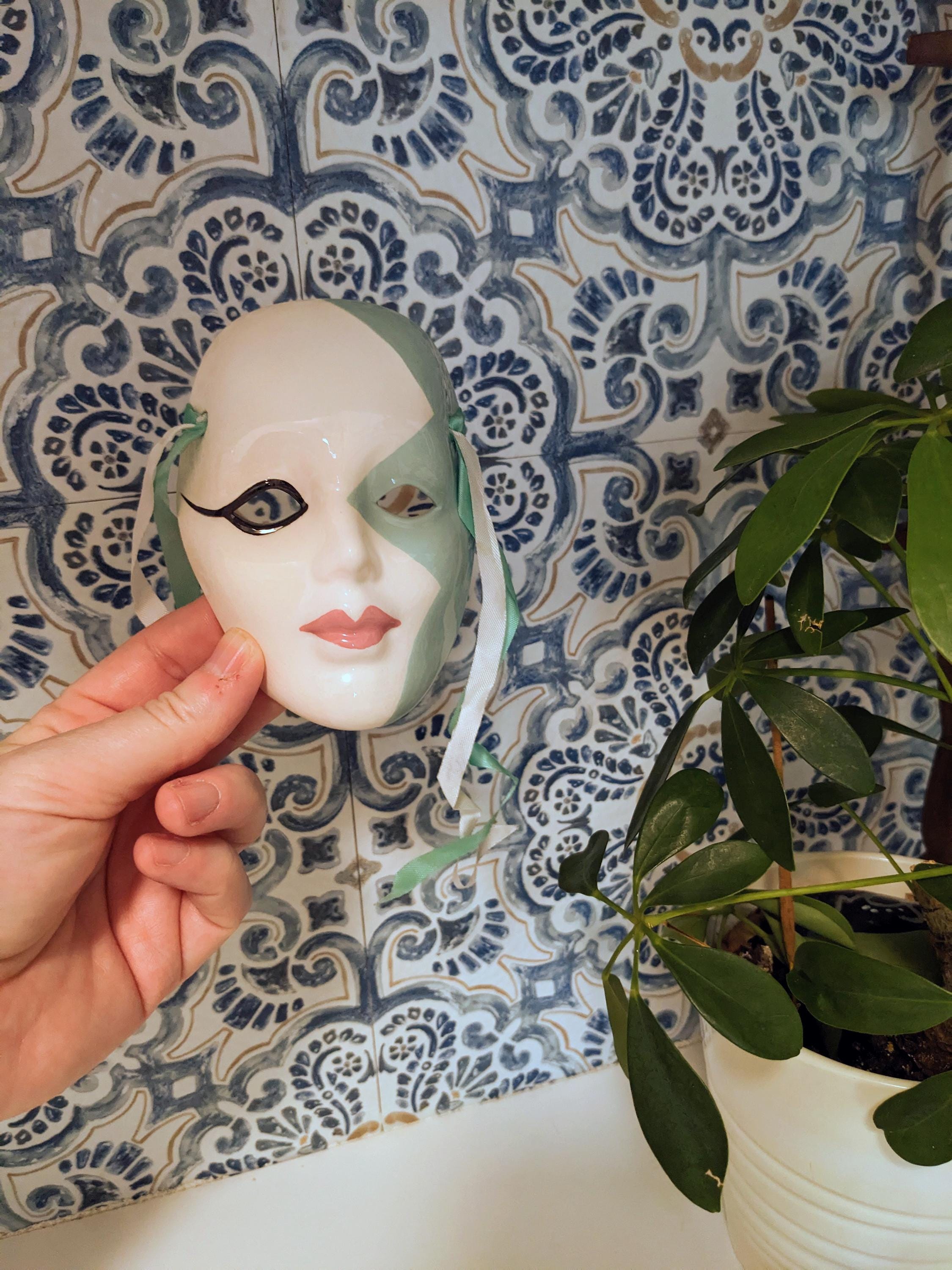 Small Vintage 4.25" Ceramic Mask Theater Face Teal Geometric With Pink ...