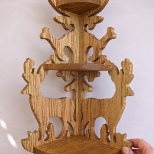 Carved 18" Corner Shelf Unit Deer Elk Ornate Natural Oak Vintage Wall ...