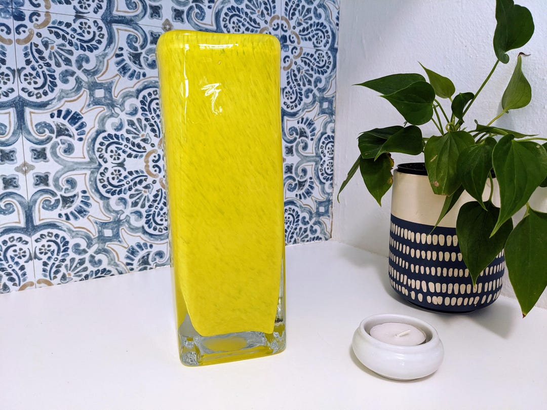 Blown 9" Square Bright Yellow Glass Handmade One of a Kind Wide Mouth ...