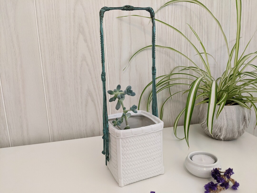 Small Square Ceramic Planter With Woven Basket Texture Green Metal ...