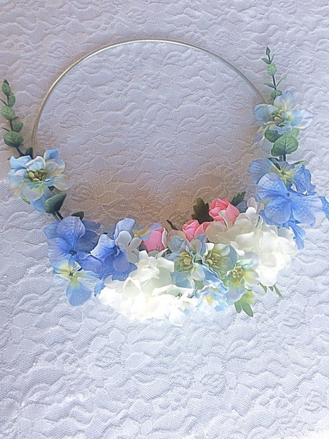 Blue Flower Girl Hoop, White Blue Hydrangeas, Pink Roses, Blue ...