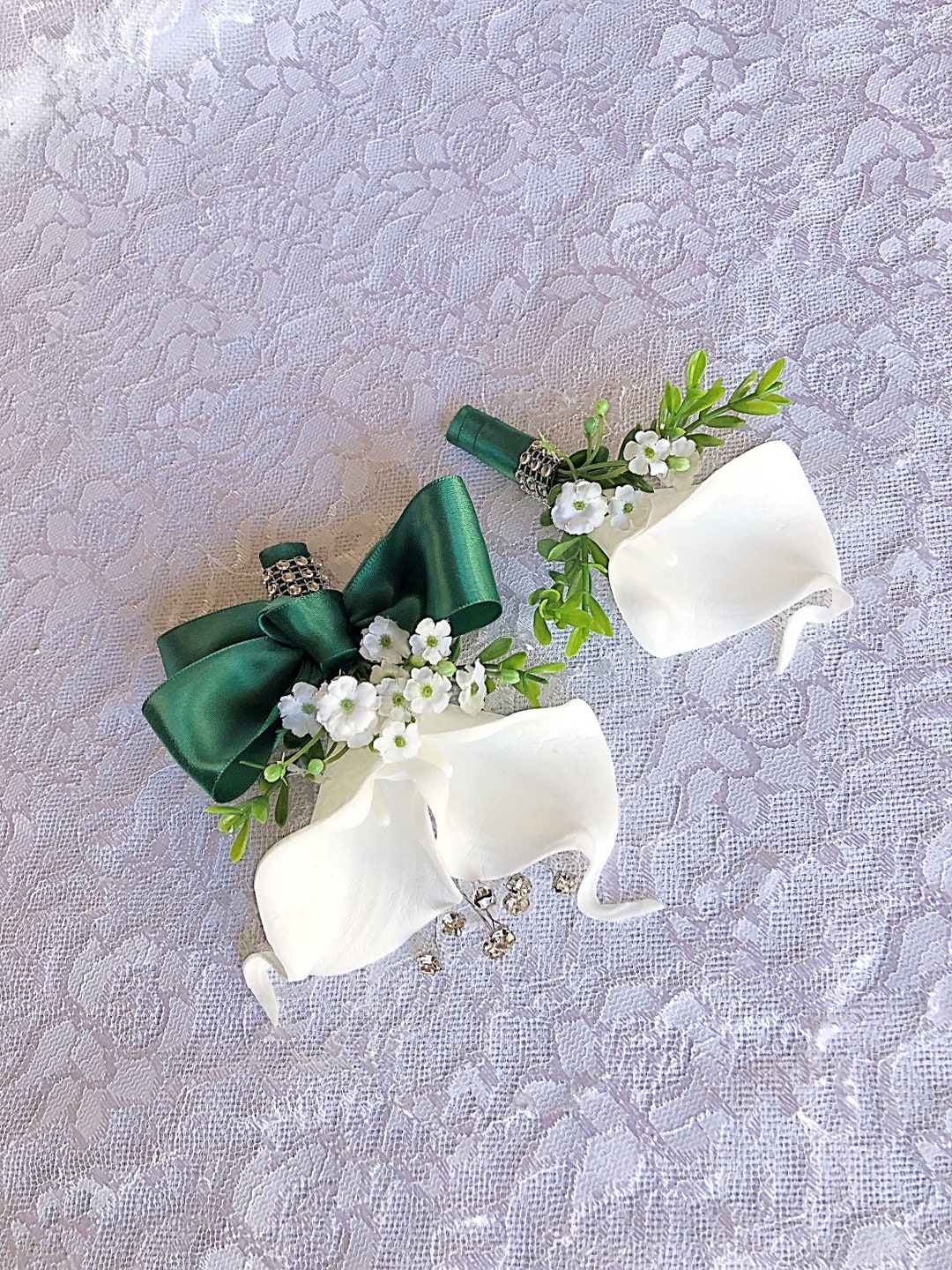 White Calla Lily Corsage With Forest Green Ribbon, Bow, Rhinestone ...