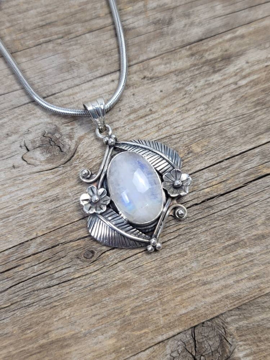 Oval Moonstone Flower Leaf Boho Pendant, 925 Sterling Silver, Boho ...