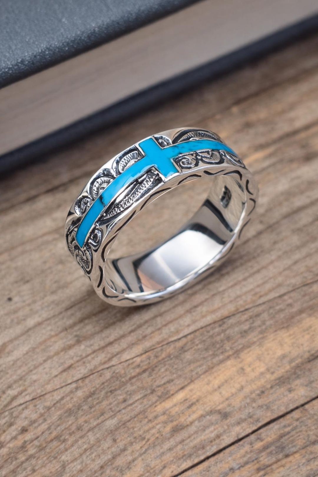 Men's Western Turquoise Cross Ring, 5mm Sterling Silver Engraved Floral ...