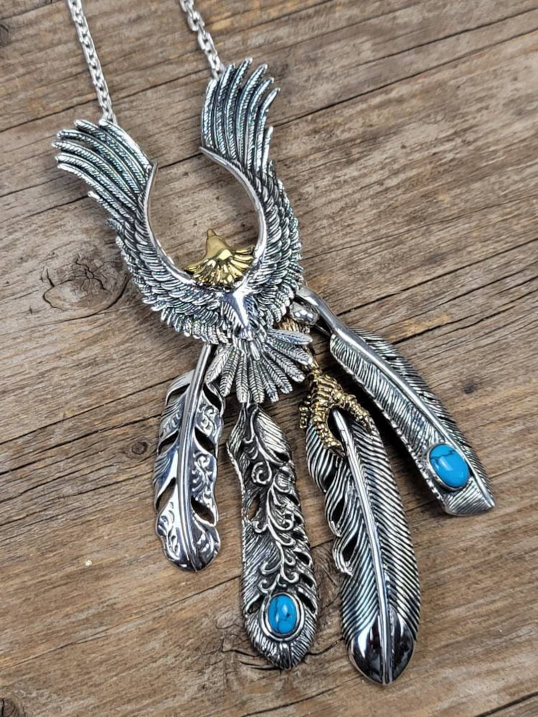 925 Sterling Silver Native Design Eagle With 4 Feathers Pendant ...