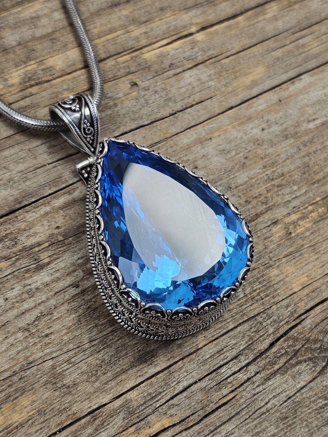 70 ct Pear cut Blue Topaz Filigree Pendant, 925 sterling silver pendant ...
