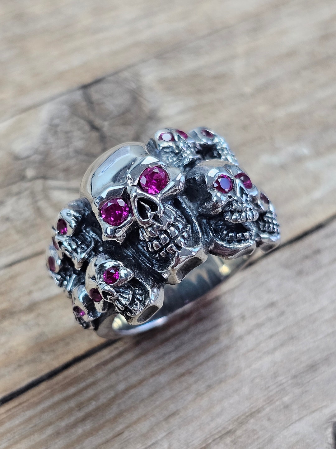 10 Redeye Skulls Ring, 925 Sterling Silver Ring, Gothic Design, Skull Ring, Ruby Skull Ring ...