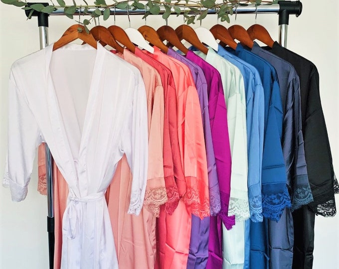 Black Satin Bridesmaid Robe With Lace Trim, Wedding, Bridal Party Robe ...