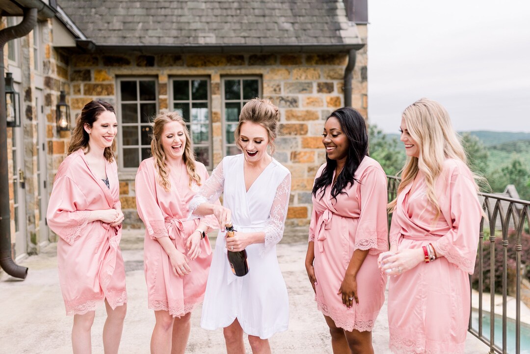 Dusty Rose Satin Bridesmaid Robes With Lace Trim, Wedding, Bridal Party ...