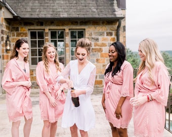 Purple Satin Bridesmaid Robes With Lace Trim Wedding Bridal | Etsy