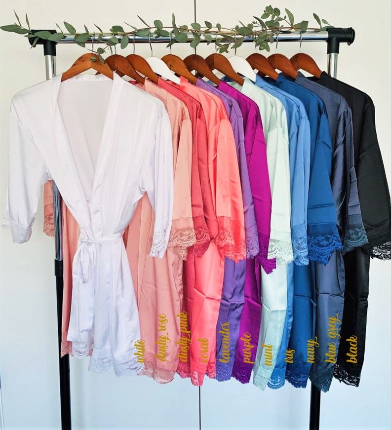 Black Satin Bridesmaid Robe with Lace Trim Wedding Bridal | Etsy