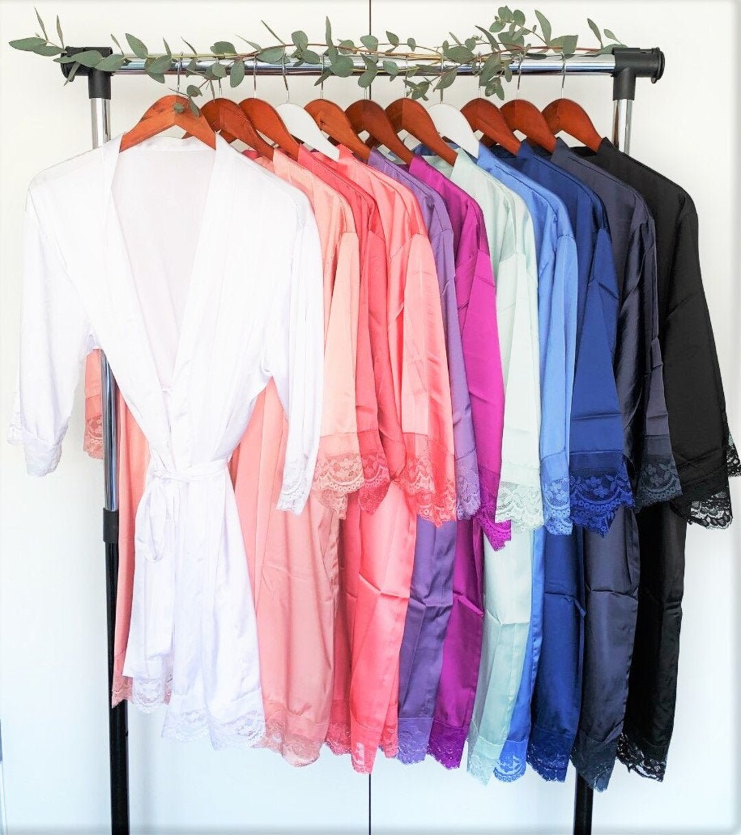 Navy Satin Bridesmaid Robe With Lace Trim, Blue Robe, Wedding, Bridal ...