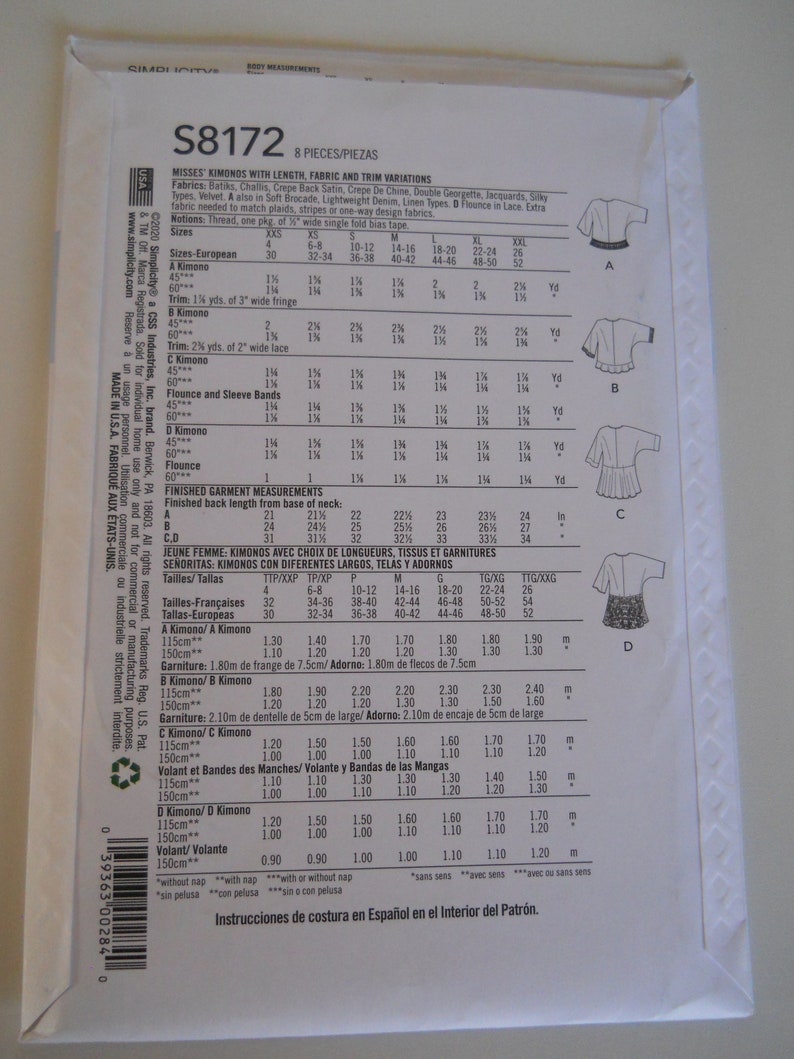 Asymmetric Hem Kimono-style Jacket Simplicity 8172 A (XXS-XXL) Sewing ...