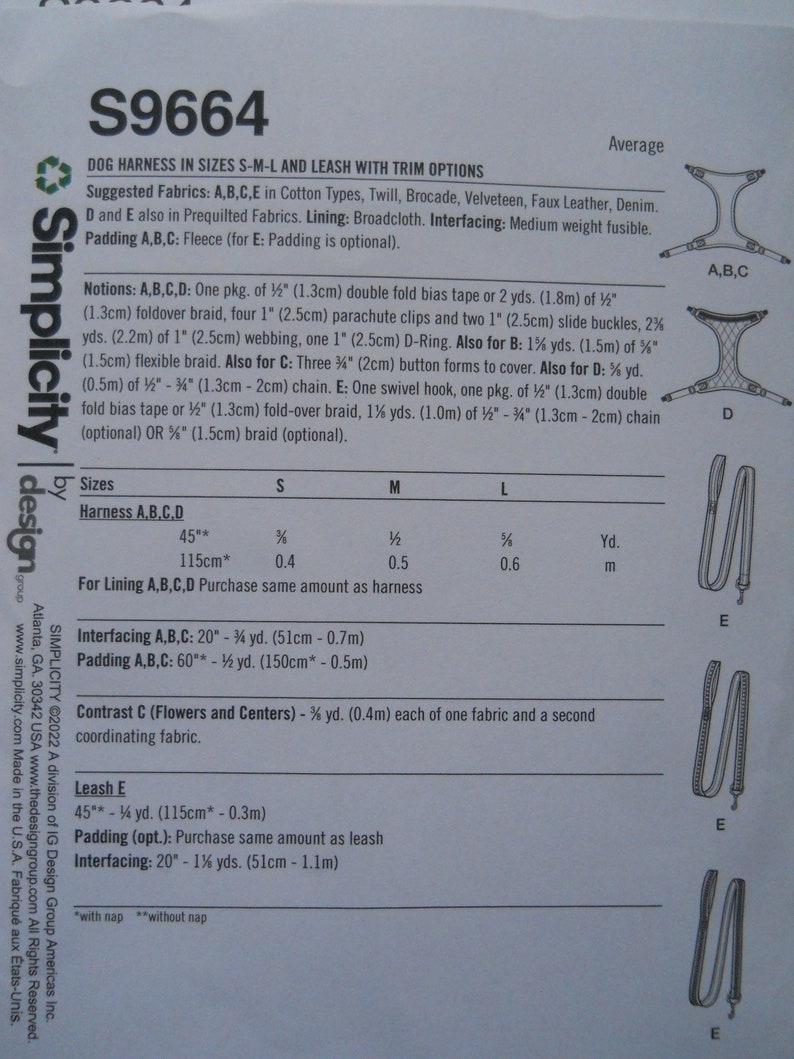 Soft, Lined Dog Harness & Leash Simplicity S9664 (S-M-L) New Sewing ...
