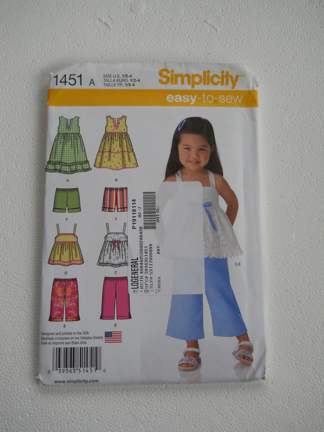 Easy Toddler Girl's Wardrobe Simplicity 1451 A (1/2,1,2,3,4) Uncut ...