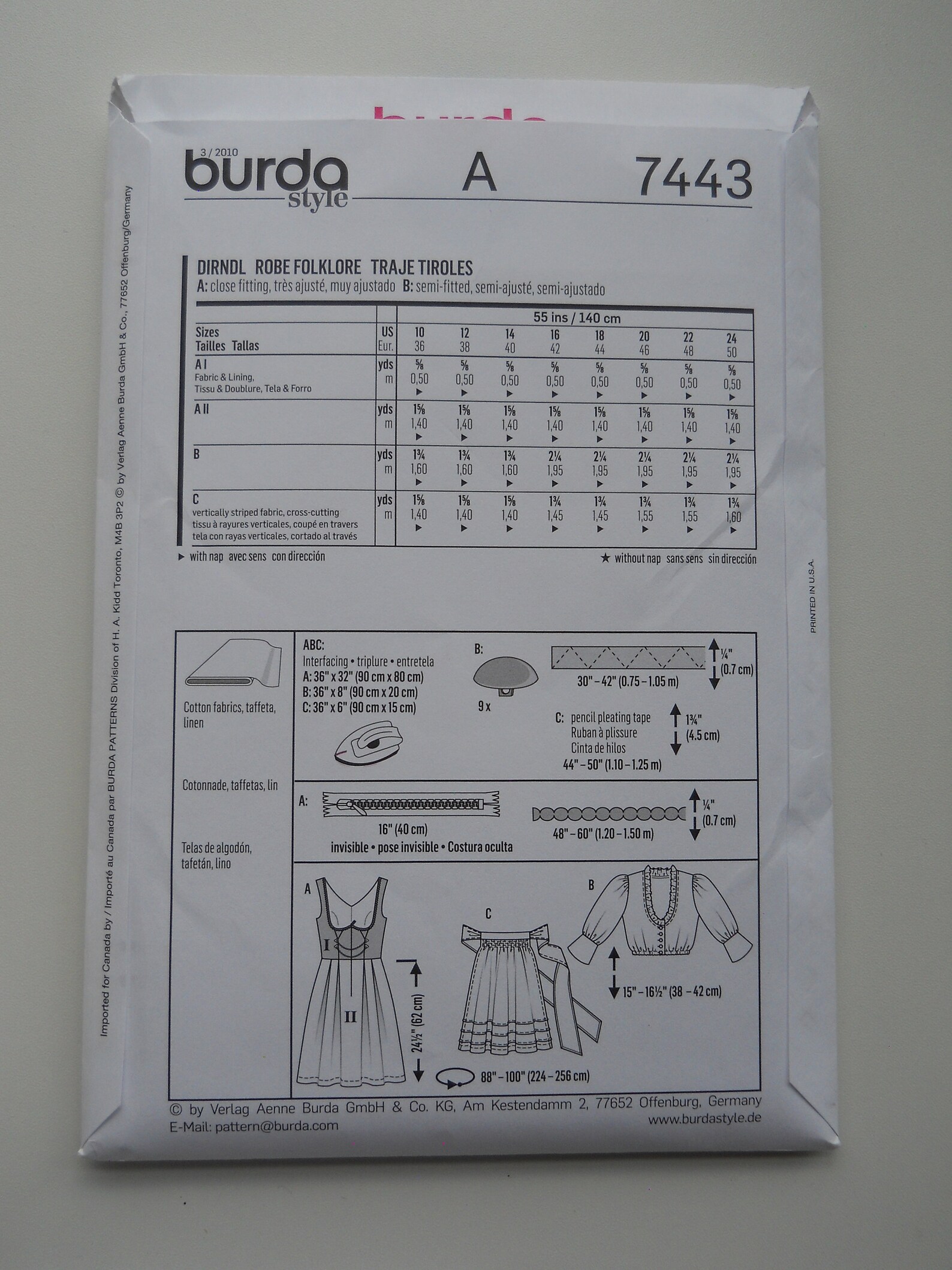Authentic German Dirndl Burda Style 7443 (10-24) New Plus Sewing ...