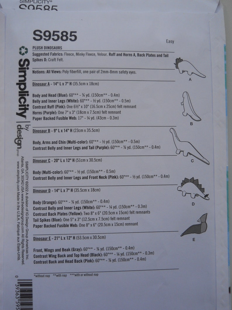 Easy Dinosaur Plushies Simplicity S9585 New Sewing Pattern for - Etsy