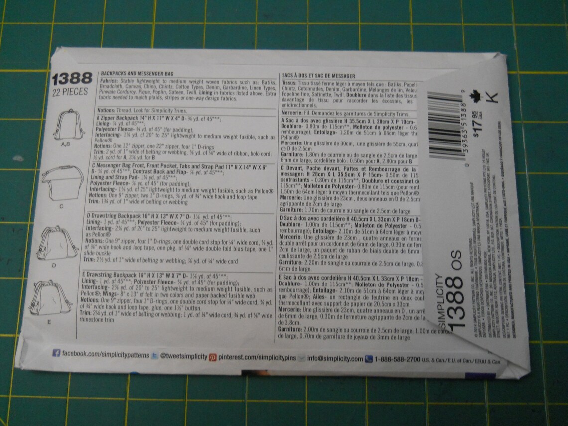 Simplicity 1388 Sewing Pattern Backpack and Messenger Bag - Etsy