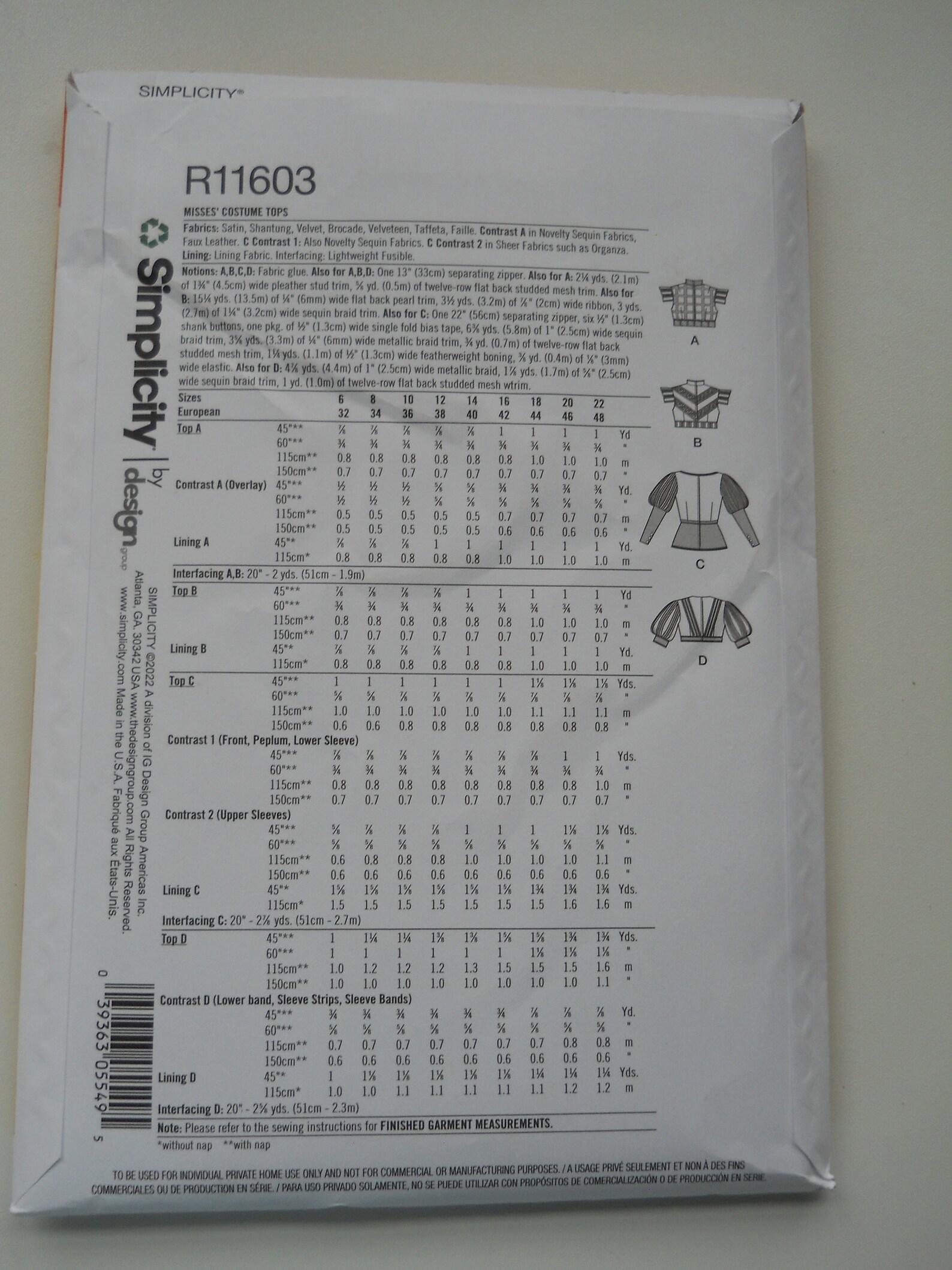 2022 Andrea Schewe Costume Tops Simplicity R11603 S9627 H5 (6-14) OR R5 ...