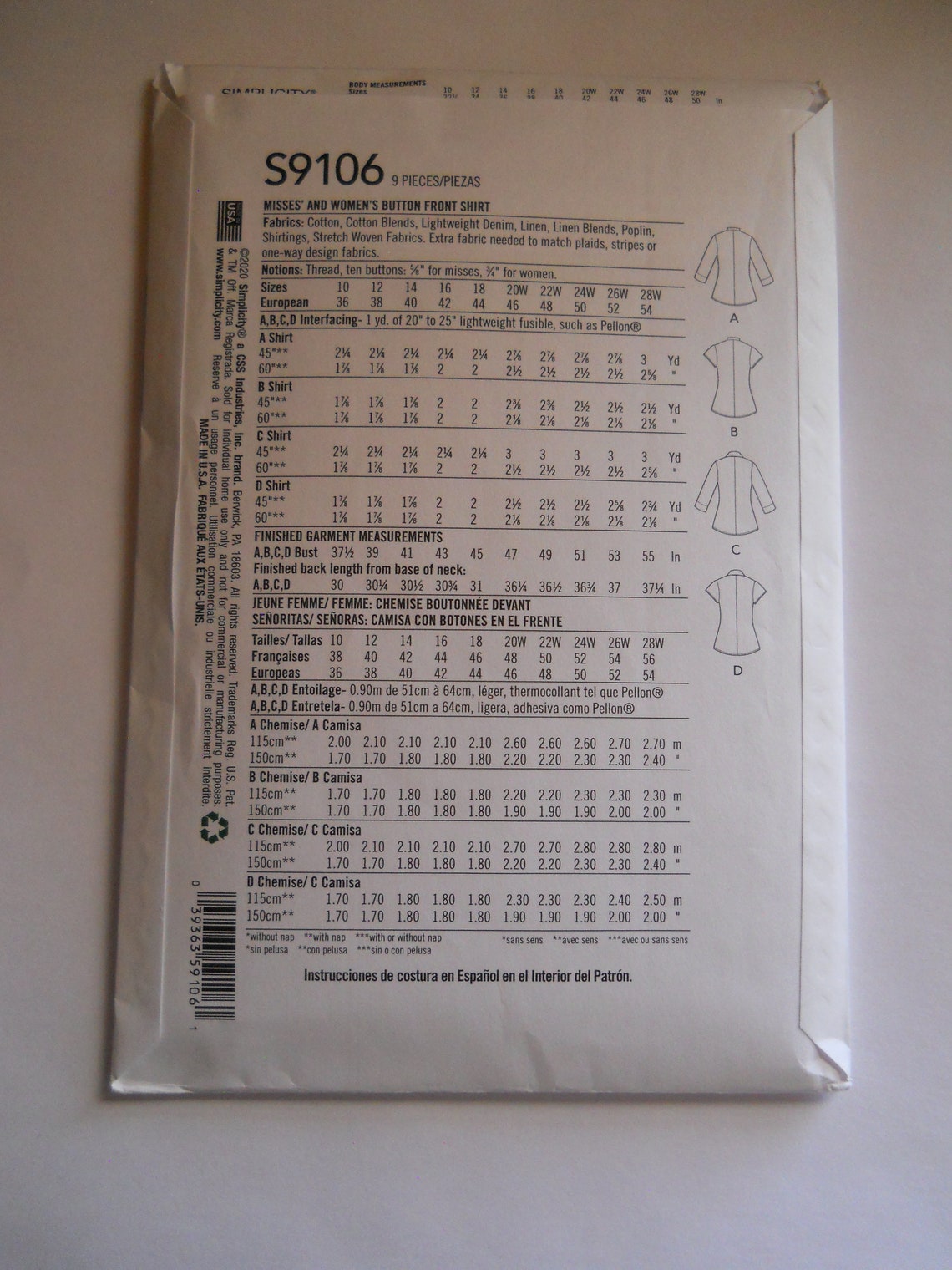 Button Down With a Twist Simplicity S9106 AA 10-18 OR Plus - Etsy